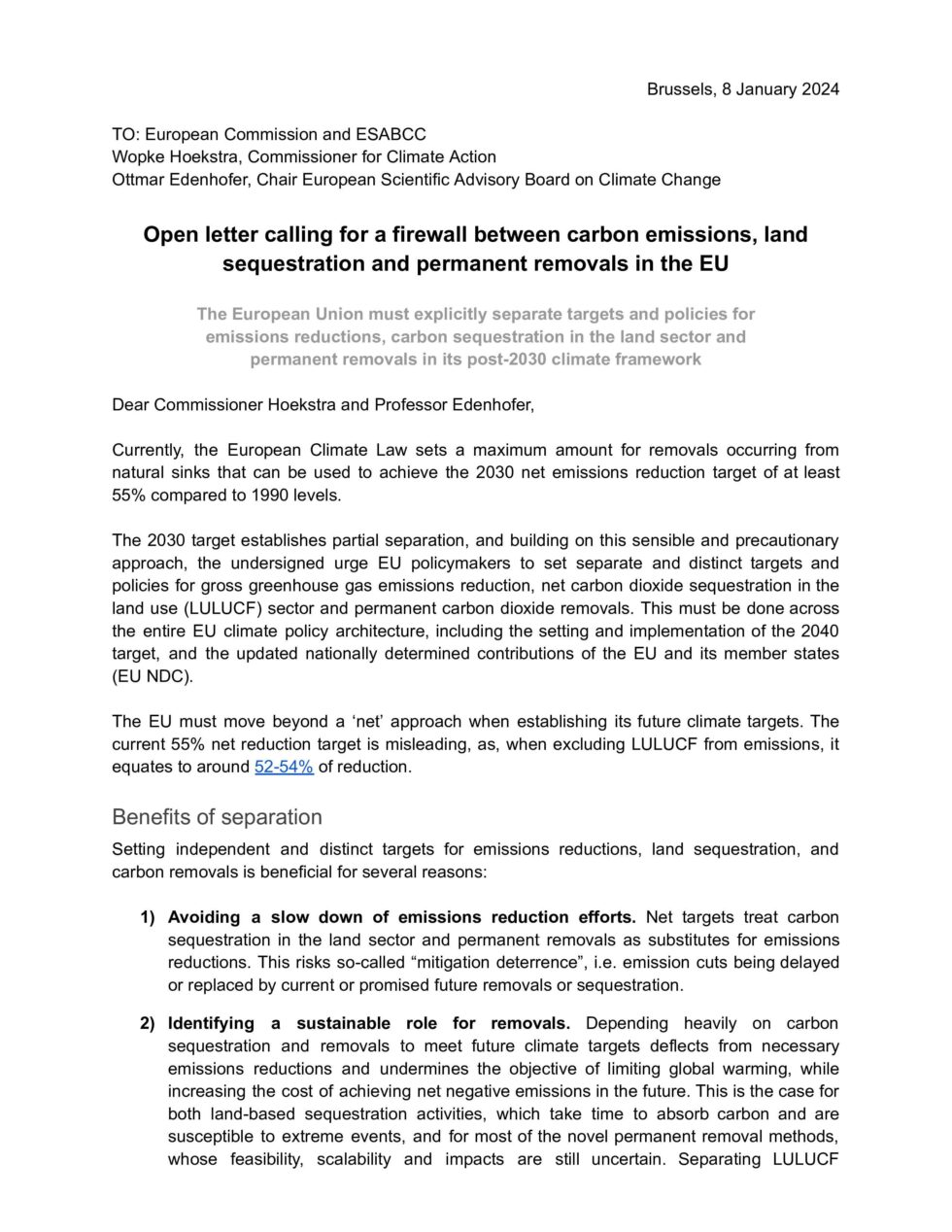 Joint letter calling for separate emissions reductions and permanent ...